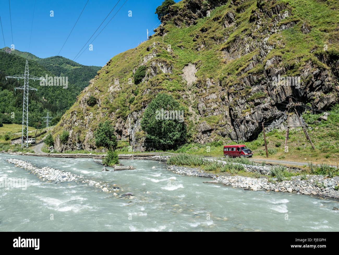 Inguri river next to the road from Mestia town to Ushguli villages ...