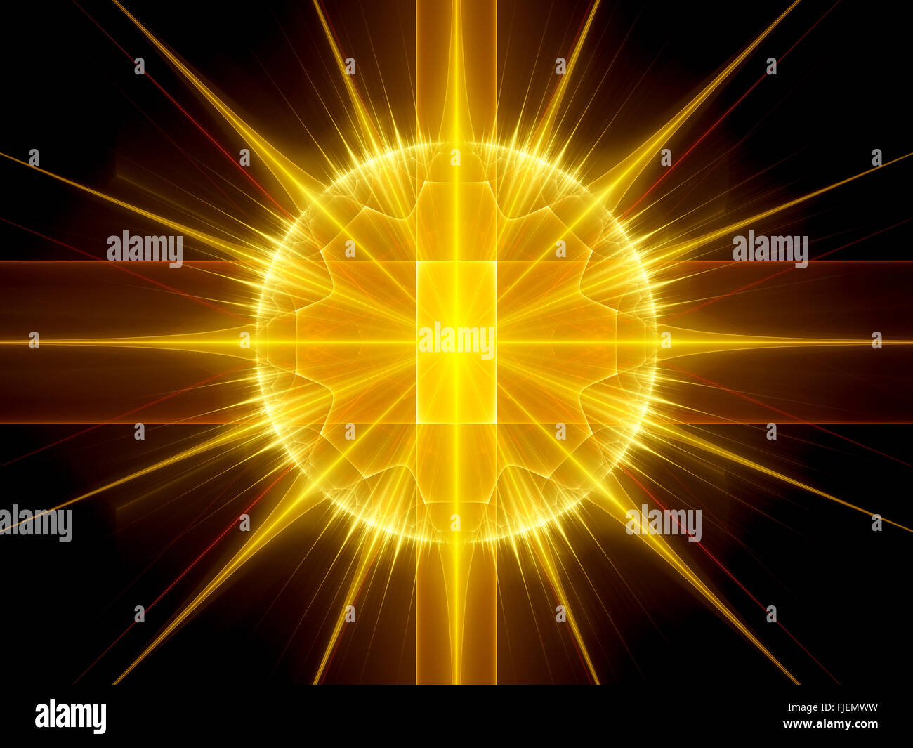 Gold glowing spherical explosion of new technology, computer generated ...