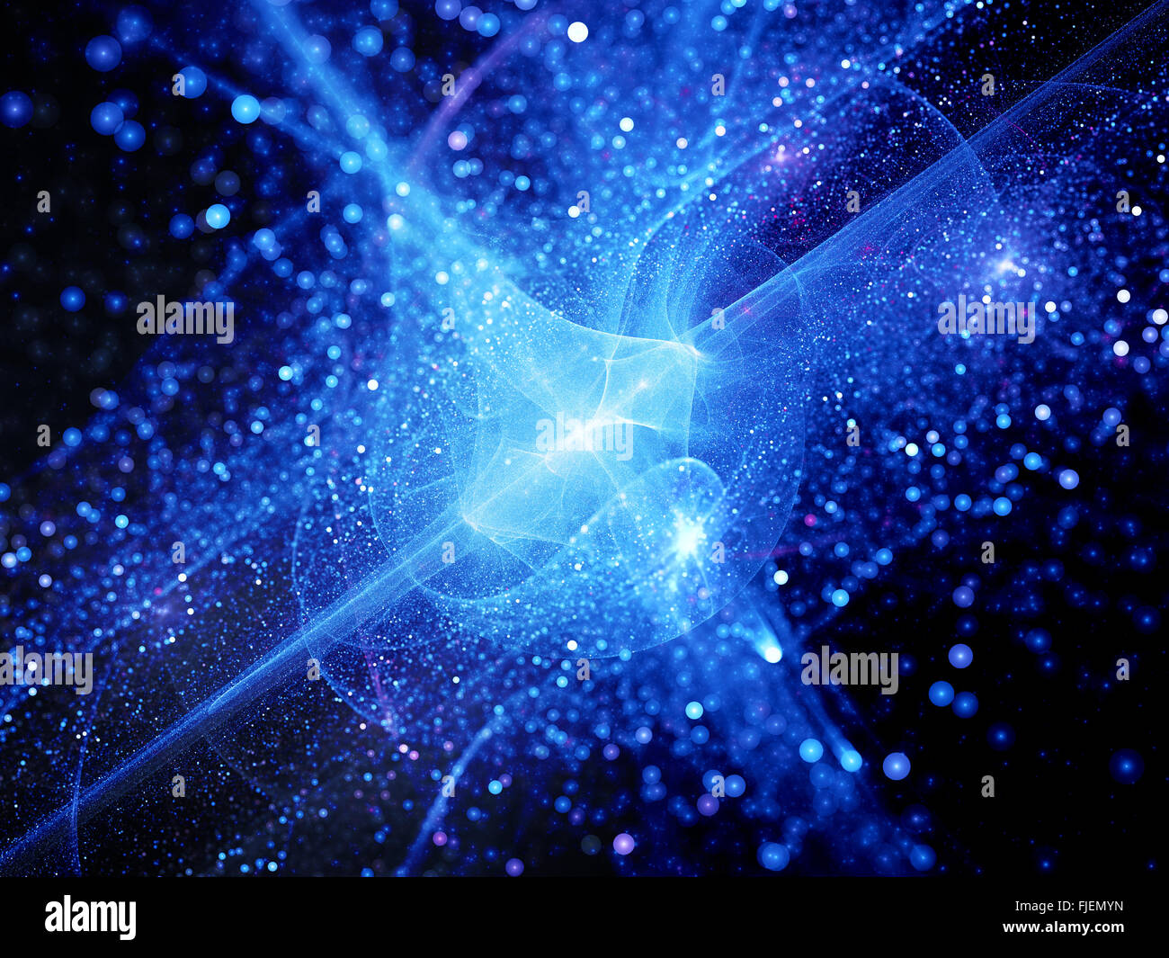 Blue glowing explosion in deep space with particles, computer generated ...