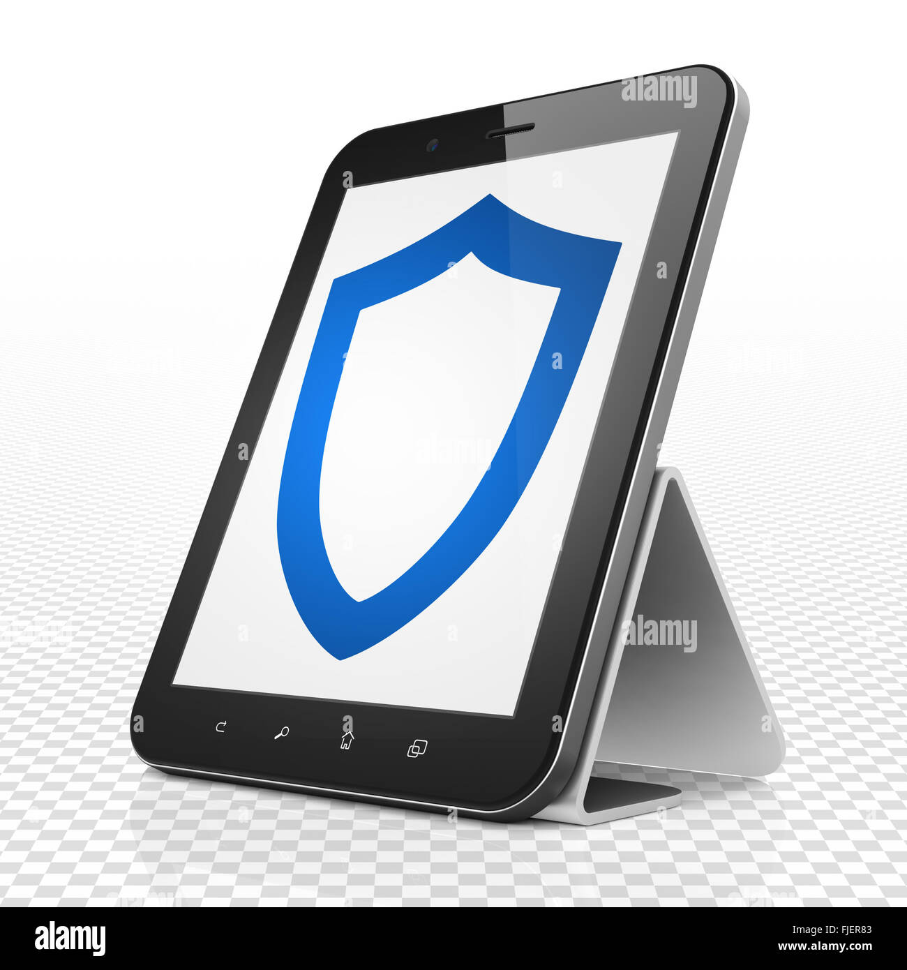 Security concept: Tablet Computer with Contoured Shield on display ...