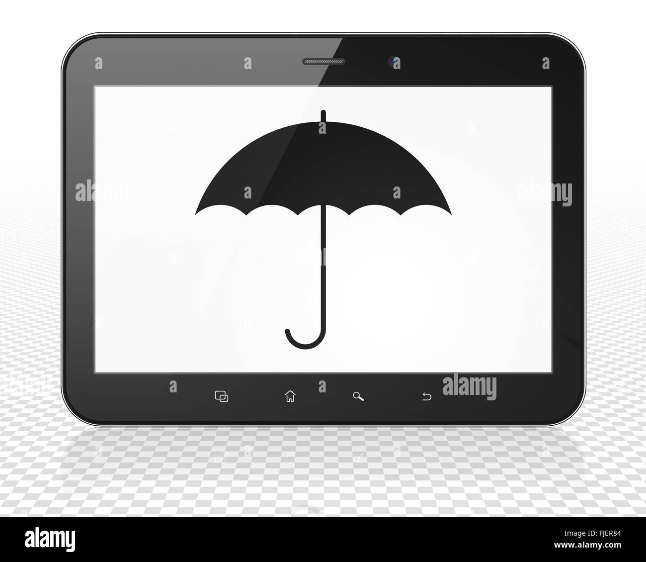 Protection concept: Tablet Pc Computer with Umbrella on display Stock ...