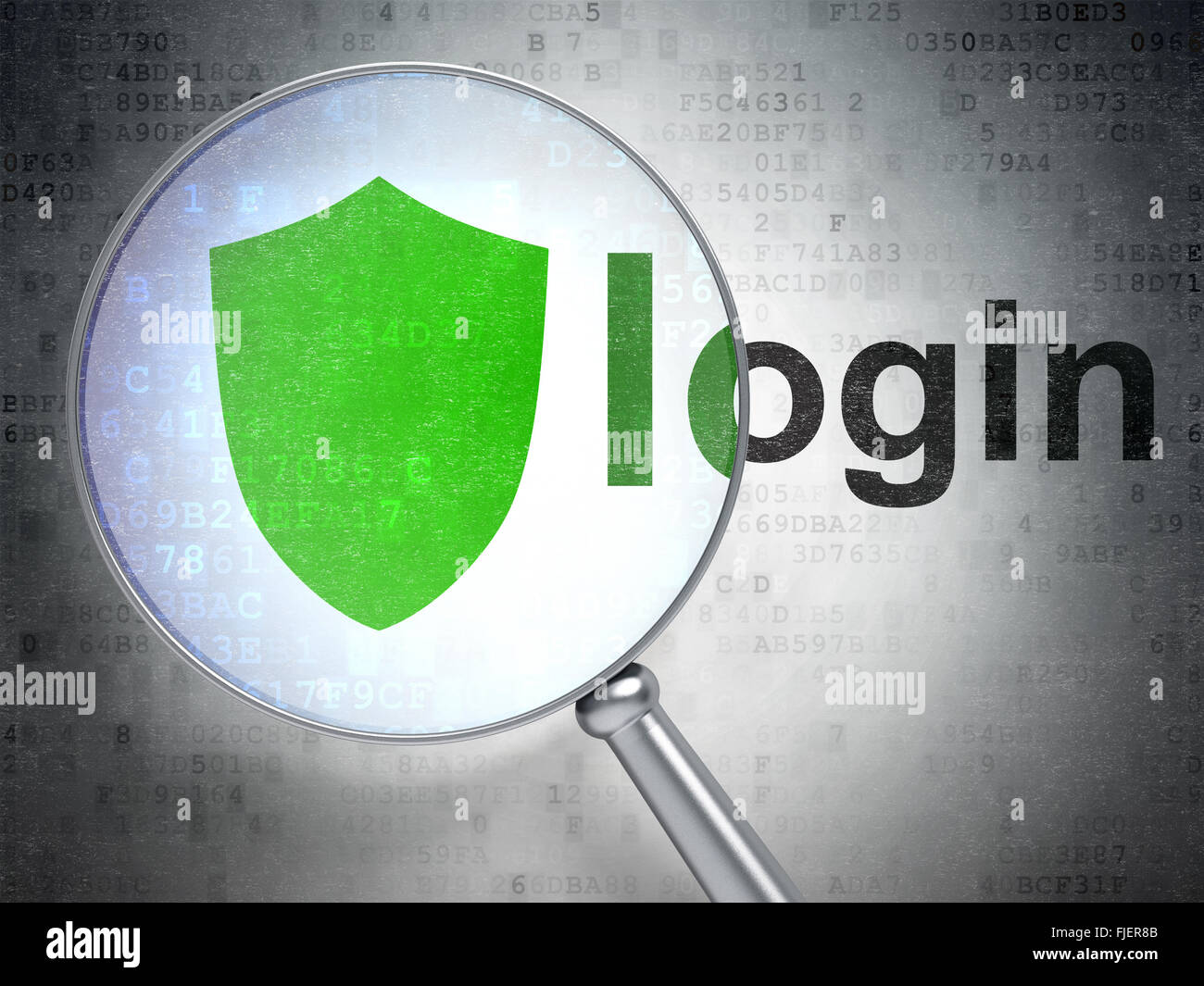 Safety concept: Shield and Login with optical glass Stock Photo - Alamy