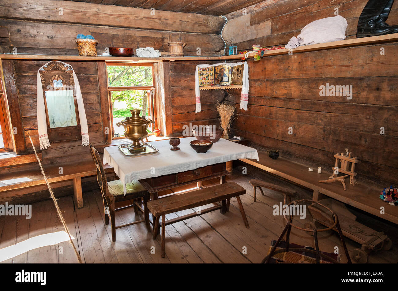 Interior of old rural wooden house in the museum of wooden architecture ...