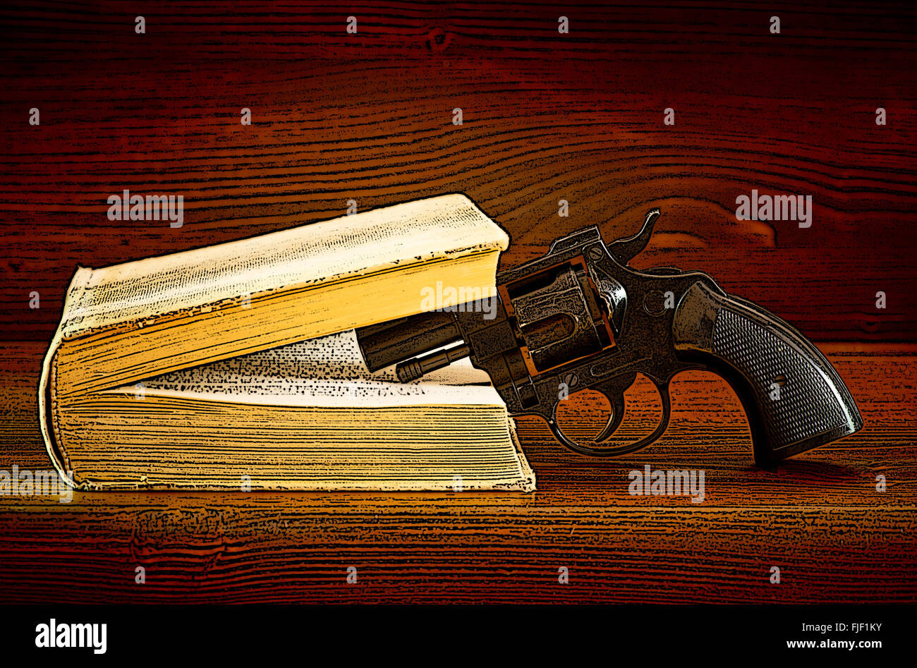 illustration of book with handgun on the table Stock Photo - Alamy