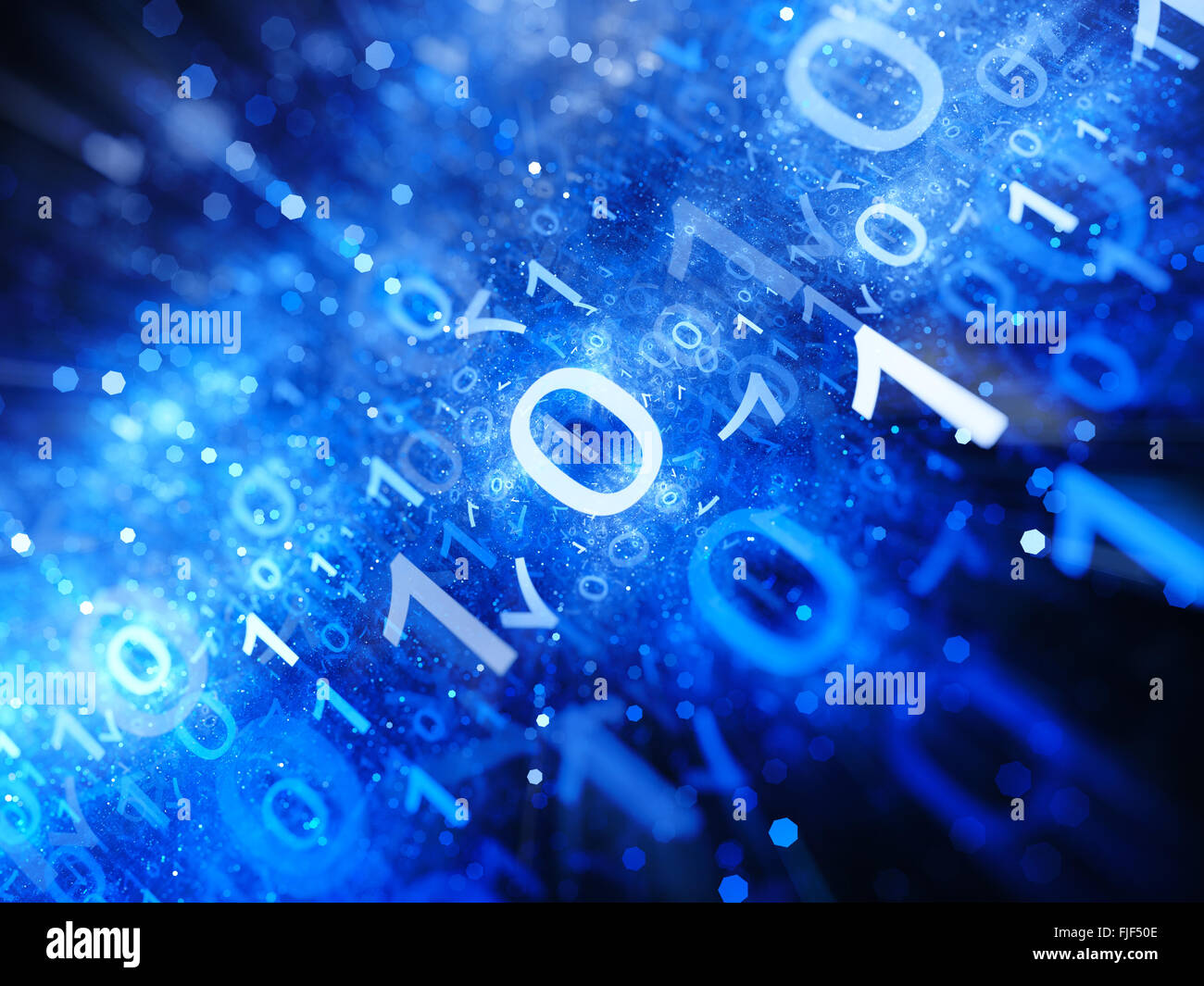 Glowing blue big data in space with particles, depth of field, binary ...
