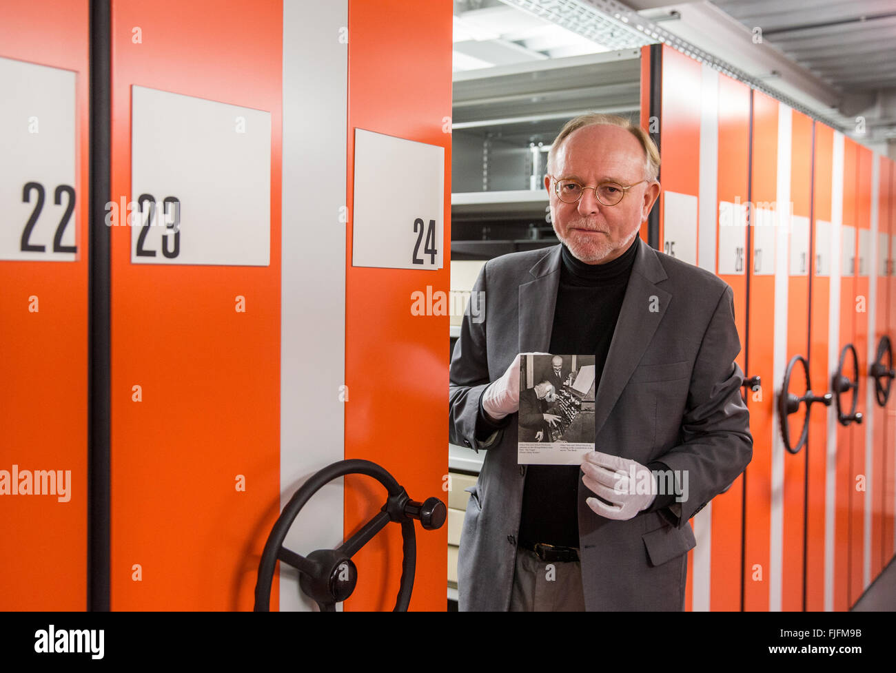 A photograph showing Alfred Hitchcock and Oskar Sala at a trautonium ...