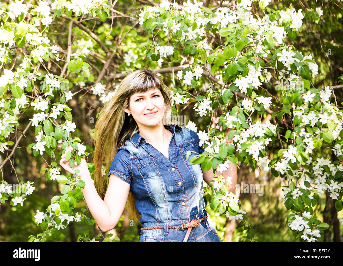 Beautiful spring woman in blooming tree Stock Photo - Alamy