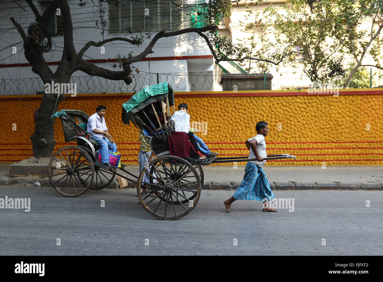 Hand pulling rickshaw puller pulling with passenger walks past a ...