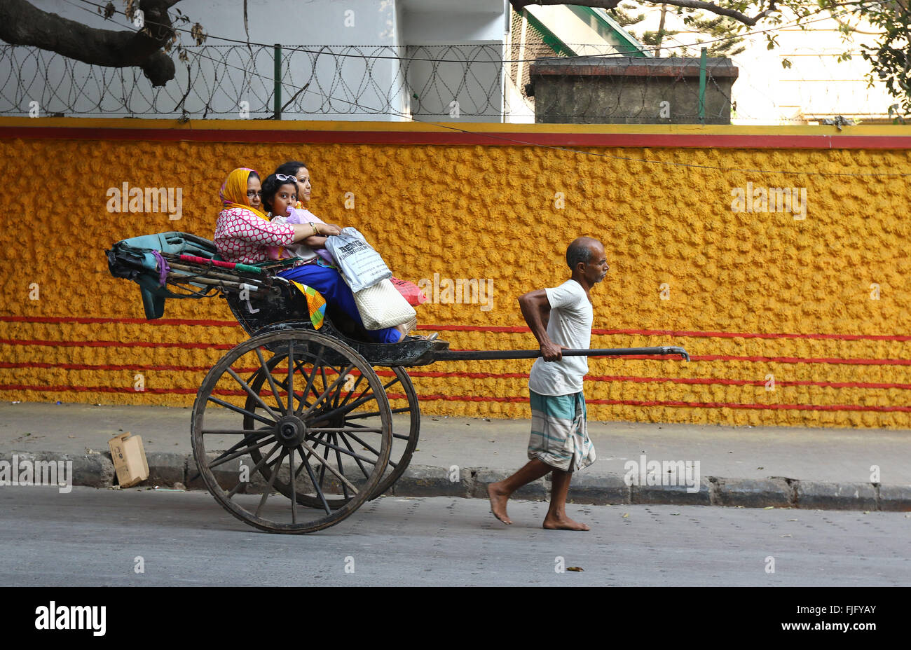 Hand pulling rickshaw puller pulling with passenger walks past a ...