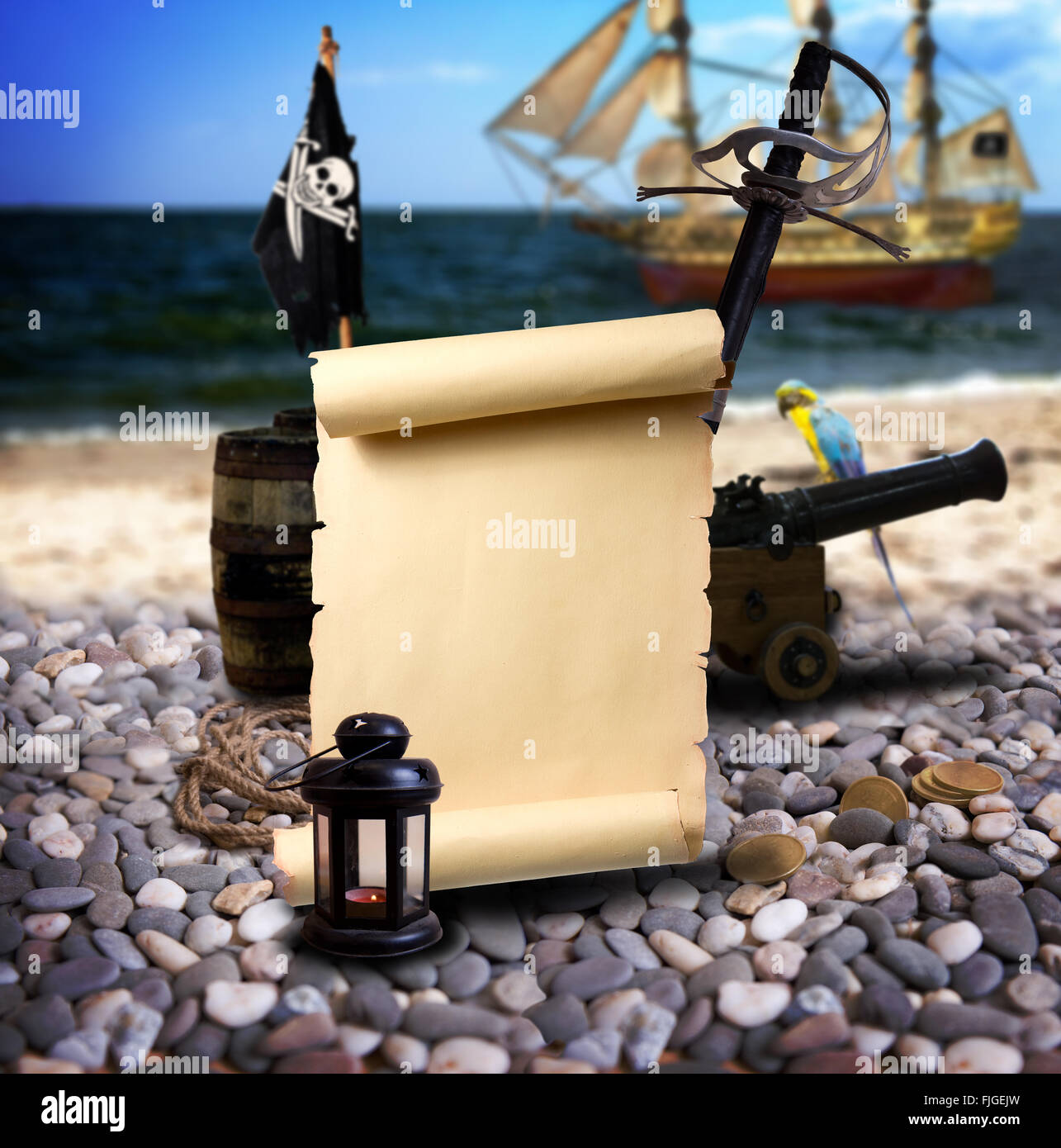 Pirate ambiance with with scroll and space for text, cannon, treasure ...