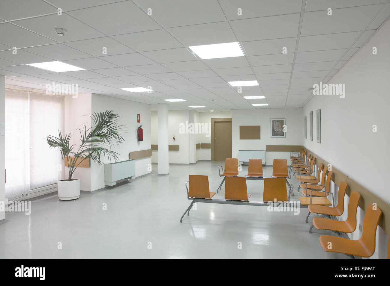 Modern building waiting area with wooden seats. Horizontal Stock Photo ...