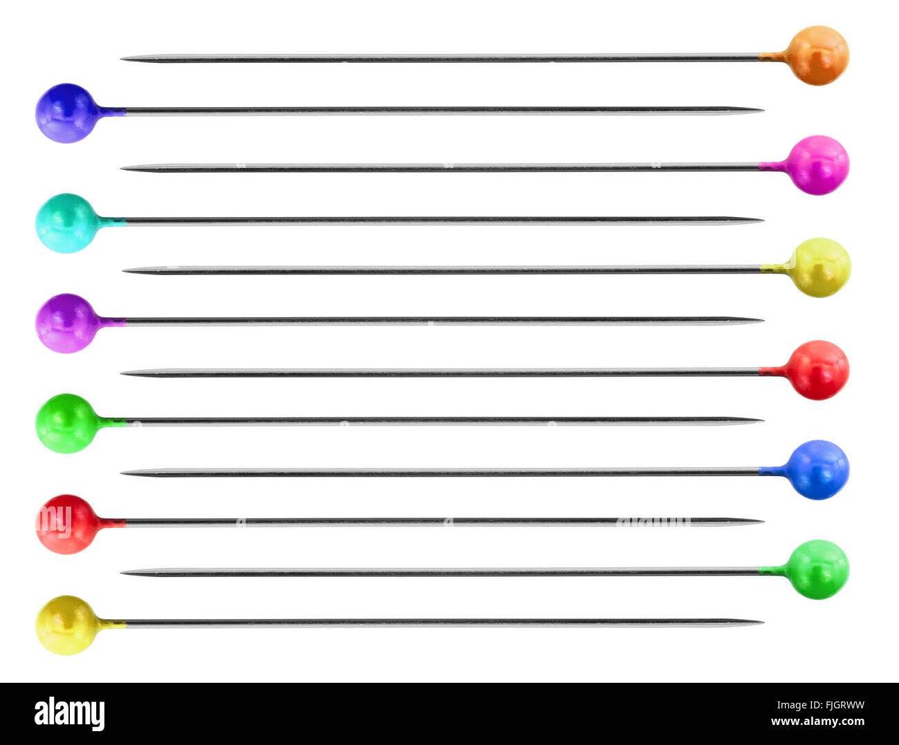 Collection of sewing pins with round head; isolated, clipping path ...
