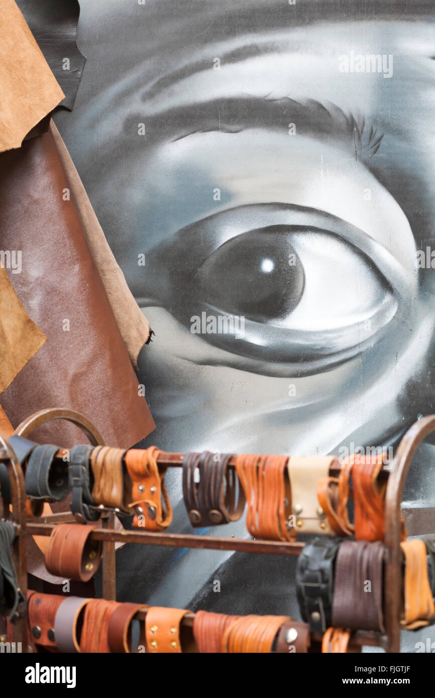 eye looking over leather stall at Camden Market, London Stock Photo - Alamy