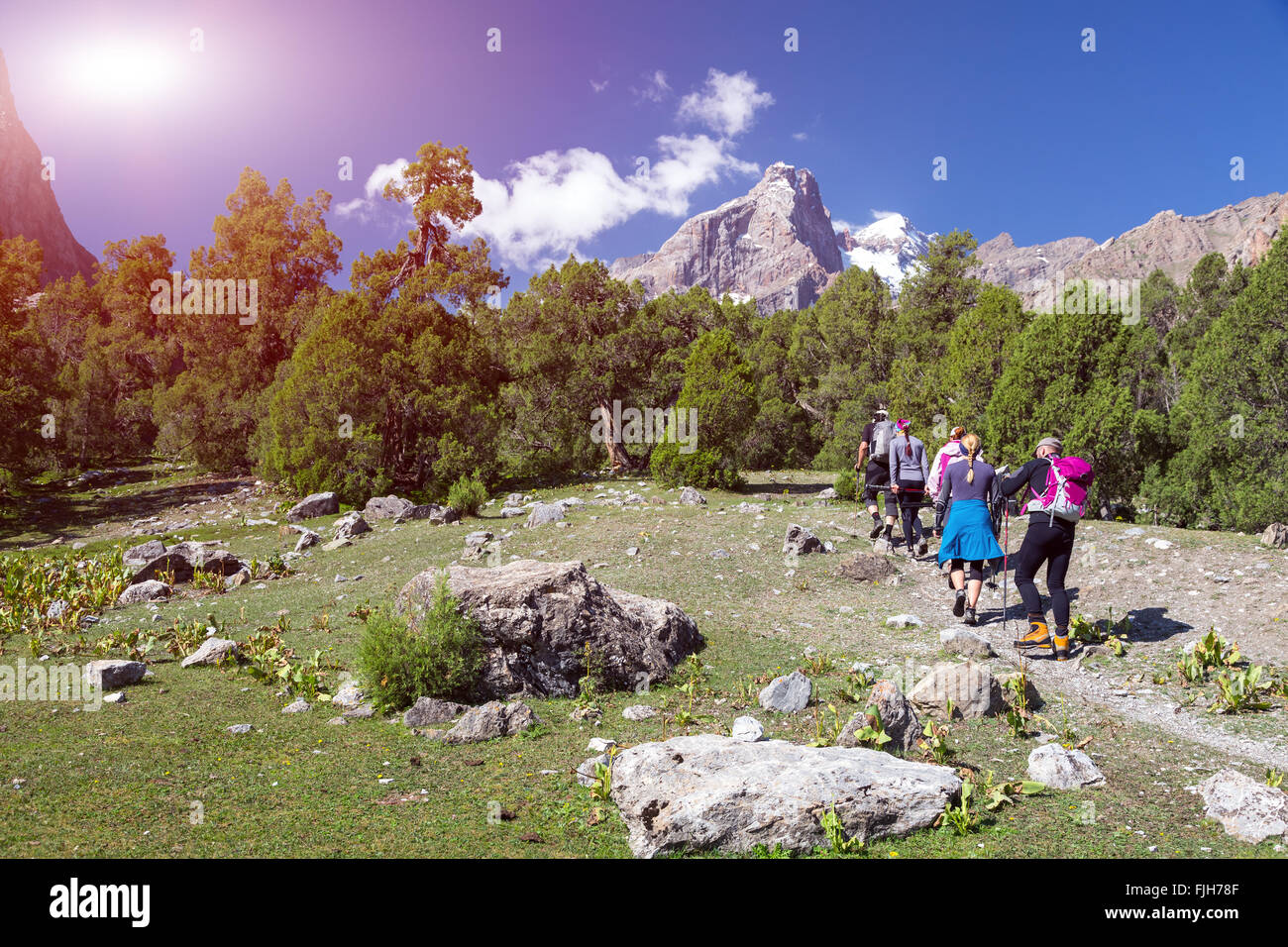 Group of Hikers Walking into Wilderness Stock Photo - Alamy