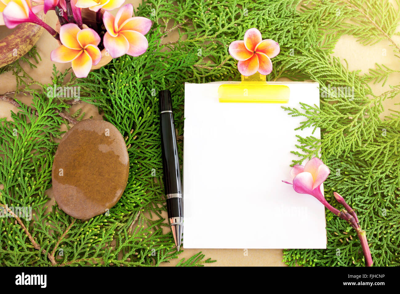 Blank paper note and pen with flowers and green leaf Stock Photo - Alamy