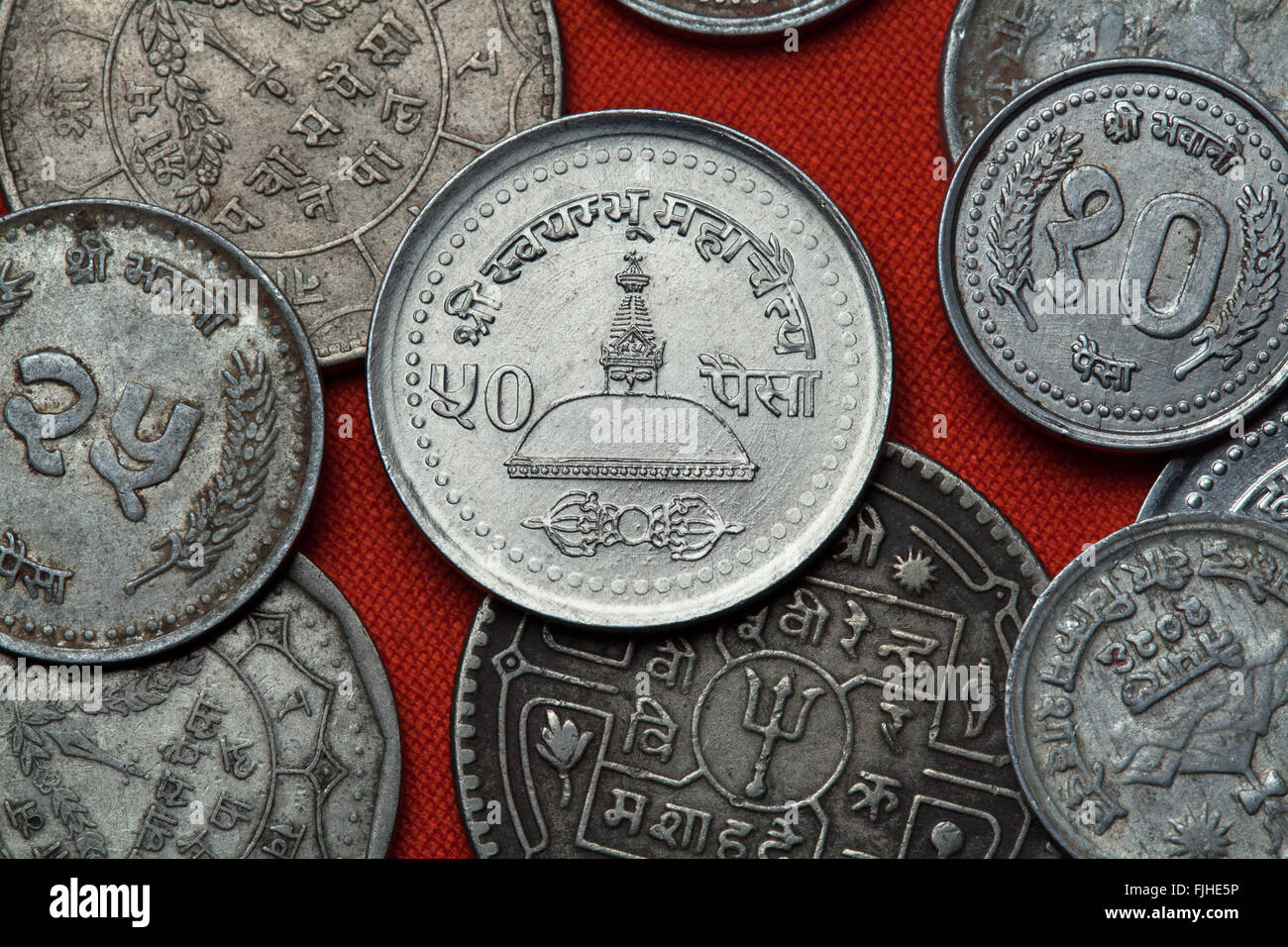 Coins of Nepal. Swayambhunath Temple in Kathmandu, Nepal depicted in ...
