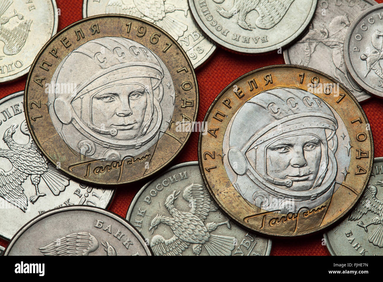 Coins of Russia. First Soviet cosmonaut Yuri Gagarin depicted in the ...
