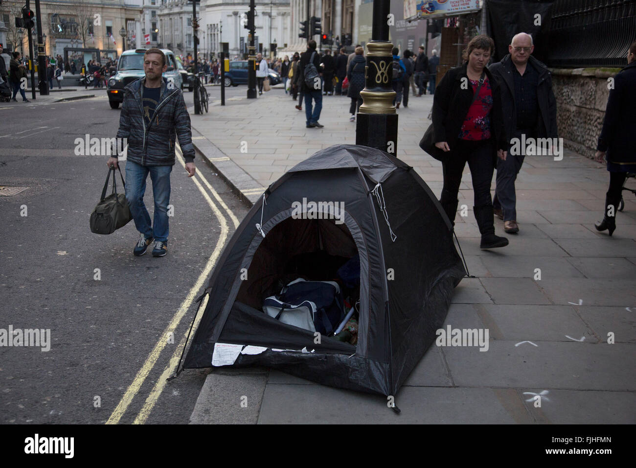 A tent which is home to one homeless person near to Trafalgar Square ...