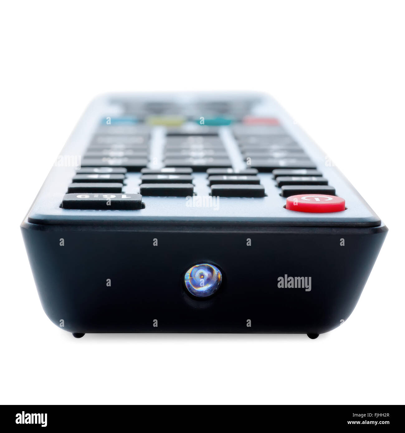 One-point view of tv remote control isolated on white. Focus on red ...