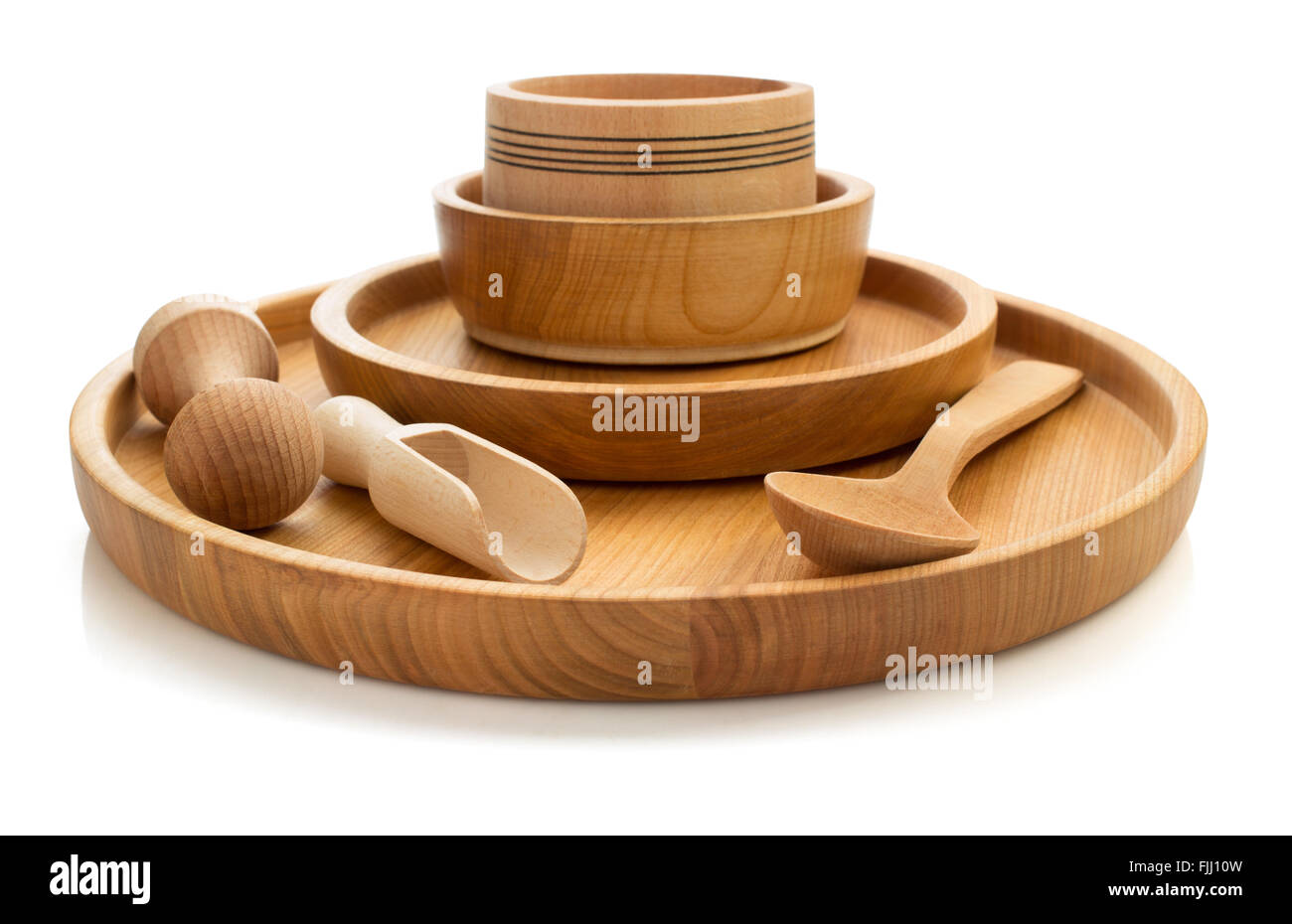 wooden dishes set isolated on white background Stock Photo - Alamy