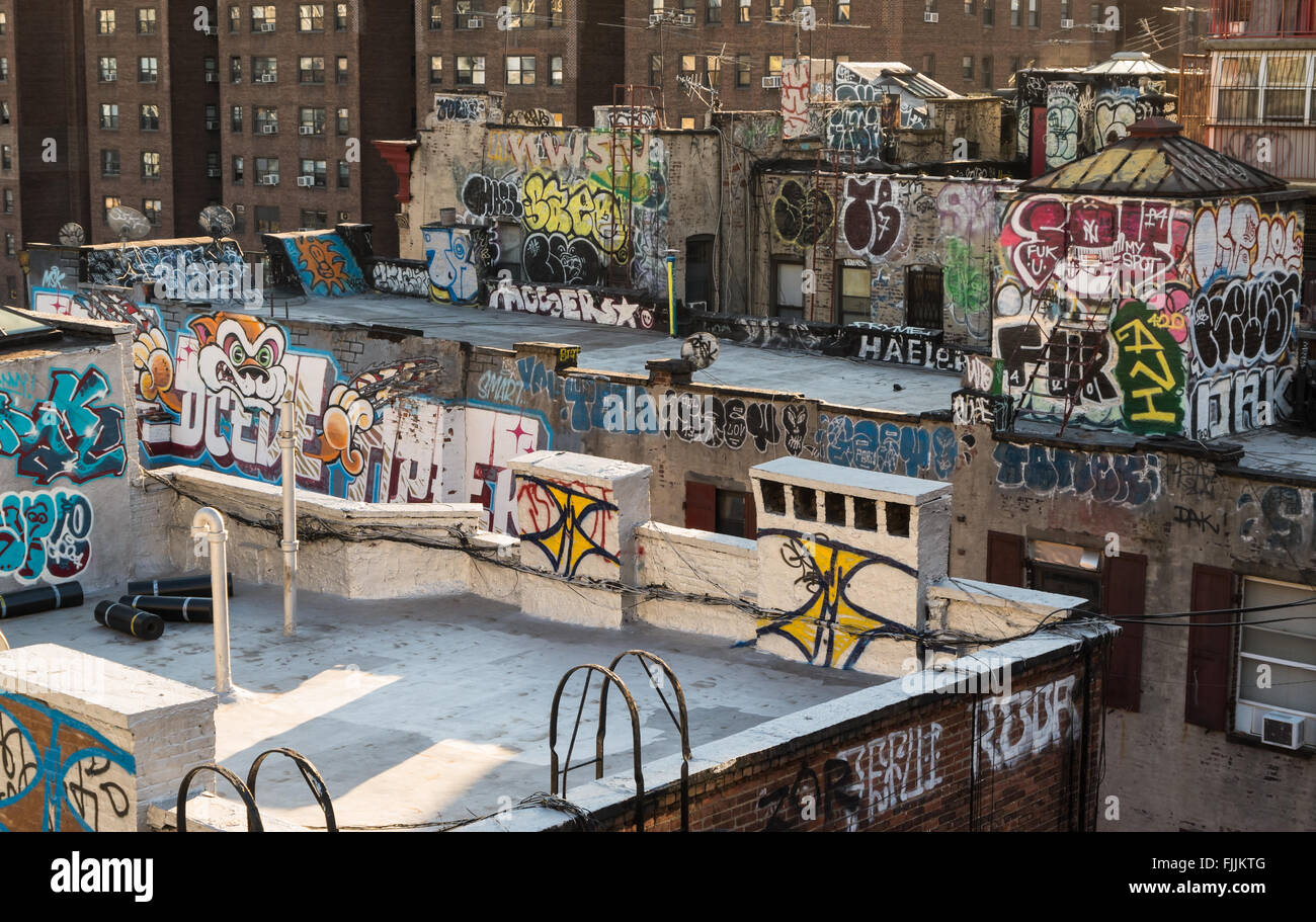 Graffiti covered rooftops of apartment buildings and housing in ...