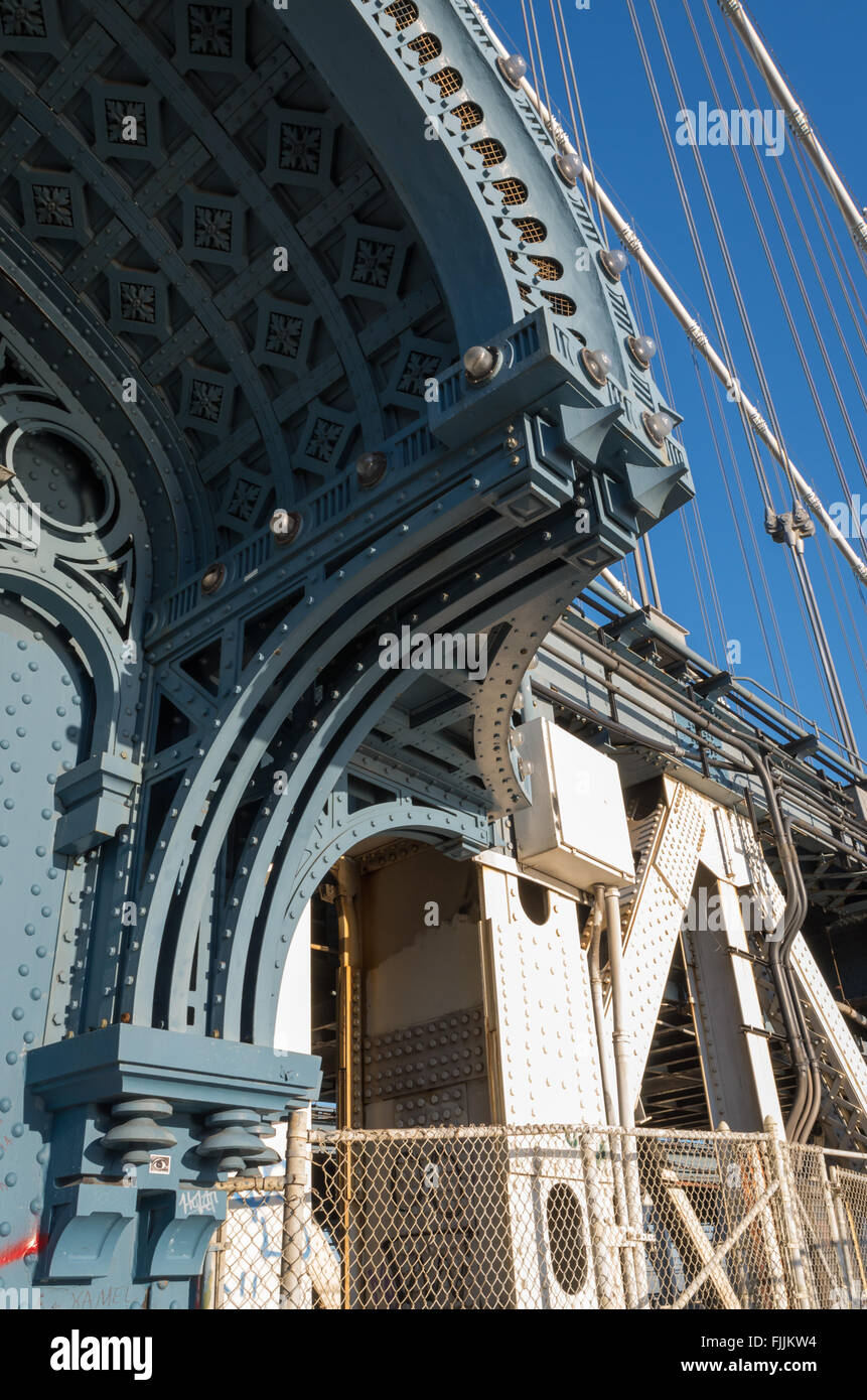 Close up detail of a tower of the Manhattan Bridge across the East ...