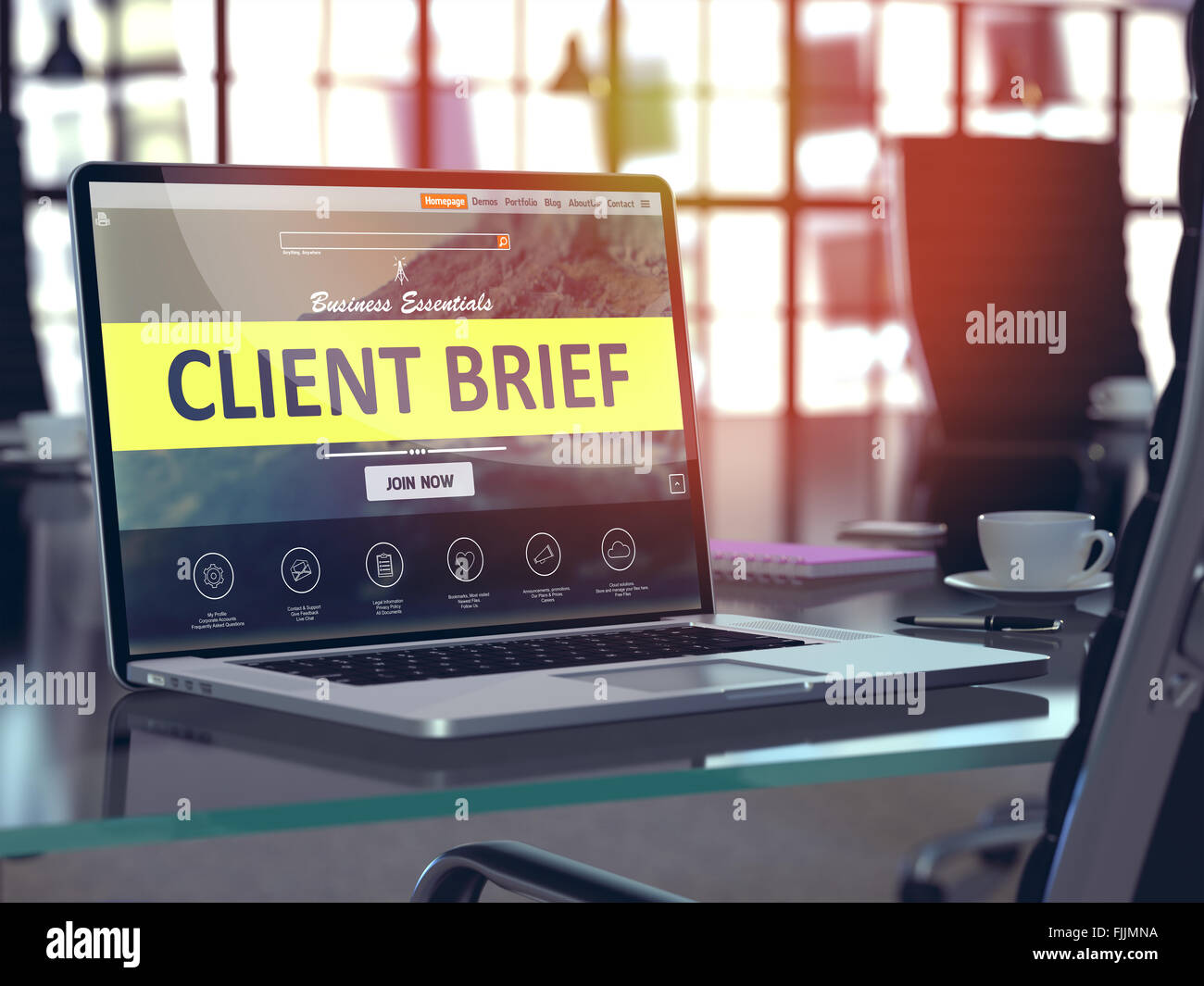 Client Brief on Laptop in Modern Workplace Background Stock Photo - Alamy