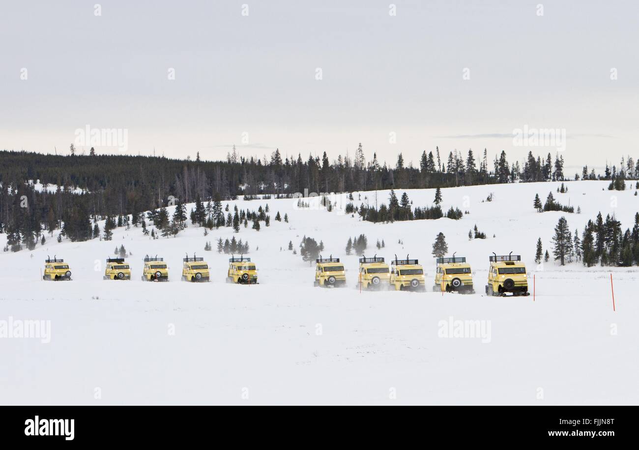 Xanterra Bombardier snowcoaches carry the last group of tourists across ...