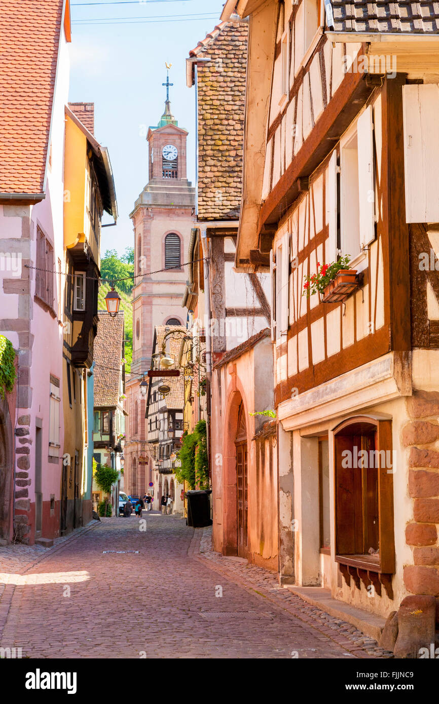 Typical street view in Riquewihr, Alsace, Haut-Rhin, France, Europe ...