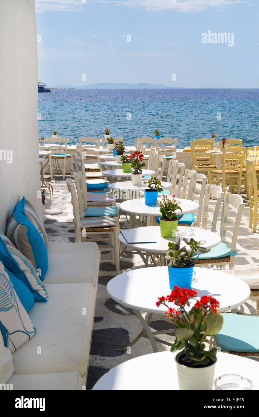 Beautiful cafeteria at the beach, on Mykonos island, Greece Stock Photo ...