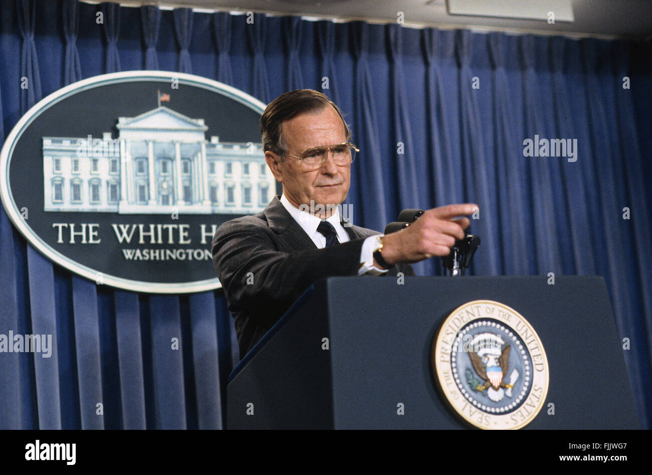 Washington, DC., USA, 1989 President George H.W. Bush at microphone ...