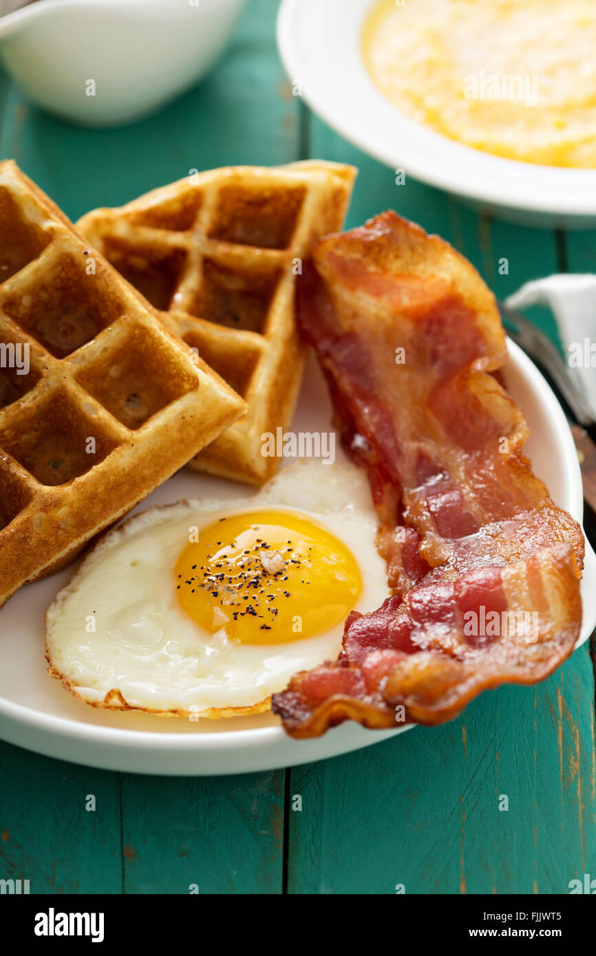 Southern cuisine breakfast with waffles Stock Photo - Alamy