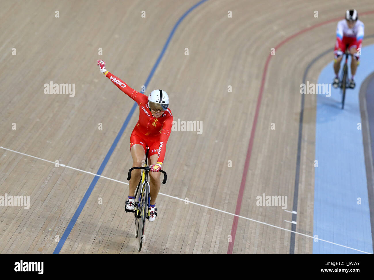 London, UK. 2nd March, 2016. China's Zhong Tianshi reacts after the ...