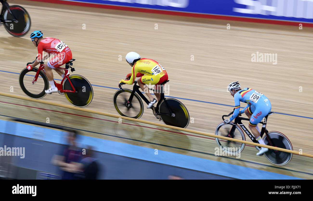 London, UK. 2nd March, 2016. Sebastian Mora Vedri (C) of Spain competes ...