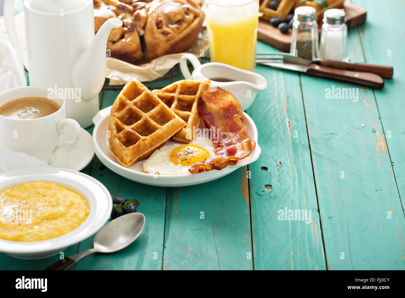 Southern cuisine breakfast with waffles Stock Photo - Alamy