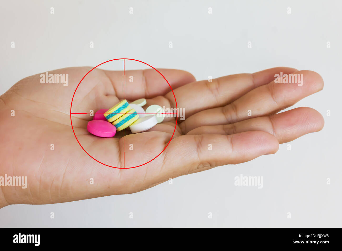 Expired medicine with sign, pill in hand on white background Stock ...