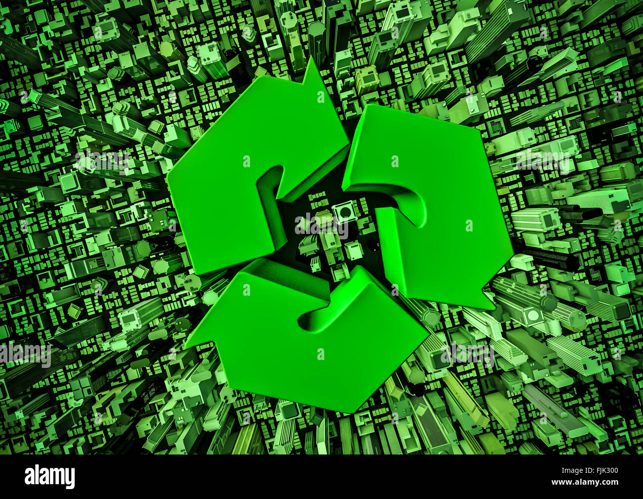 Recycle city / 3D render of huge recycle symbol amongst city buildings ...