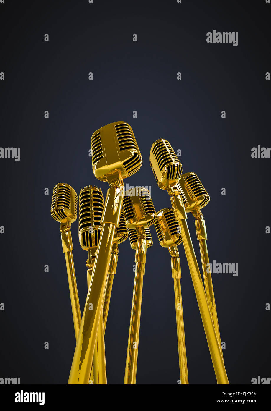 Retro gold microphones / 3D render of group of old fashioned classic ...