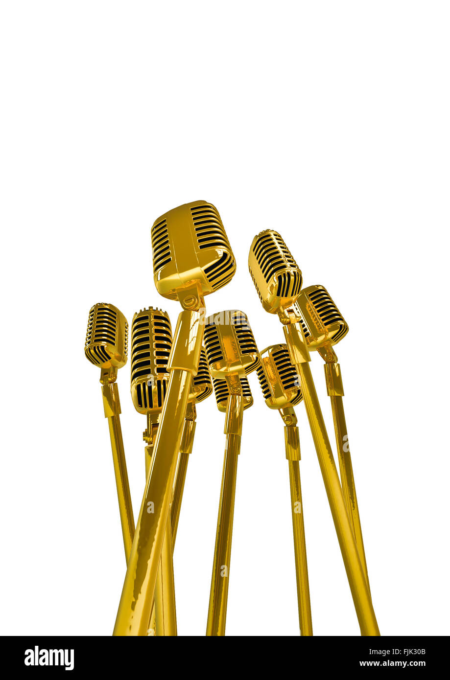 Retro gold microphones / 3D render of group of old fashioned classic ...