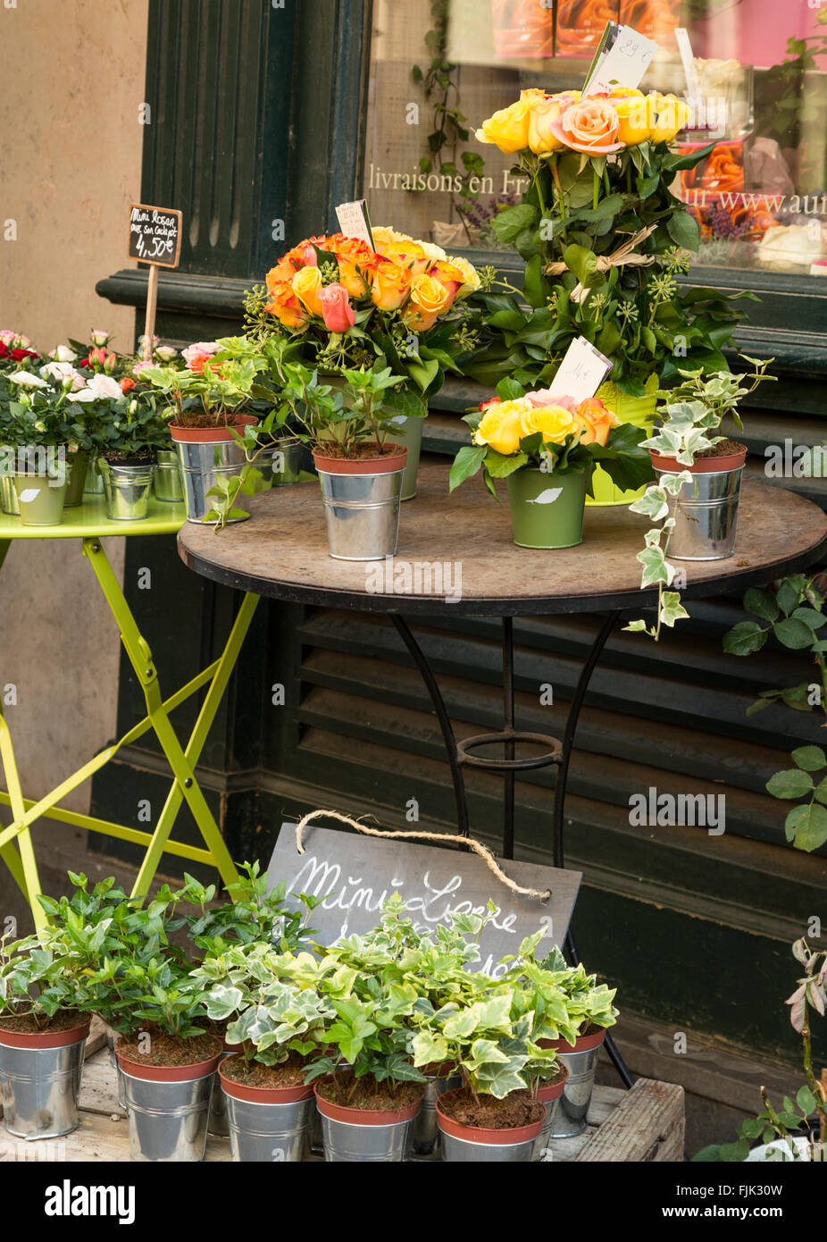 Florist shop in Paris, France with sidewalk display of roses and ivy ...