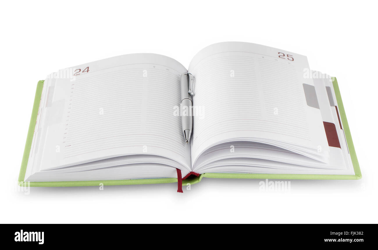 Open daily green with silver pen isolated on white background Stock ...