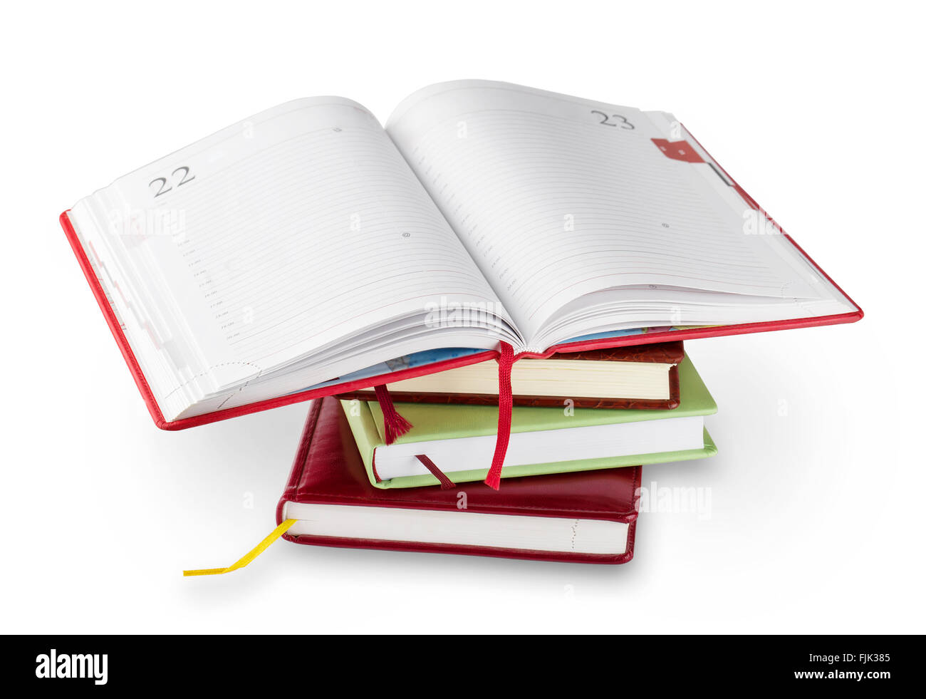 Stack of notebooks with red open top isolated on white background Stock ...