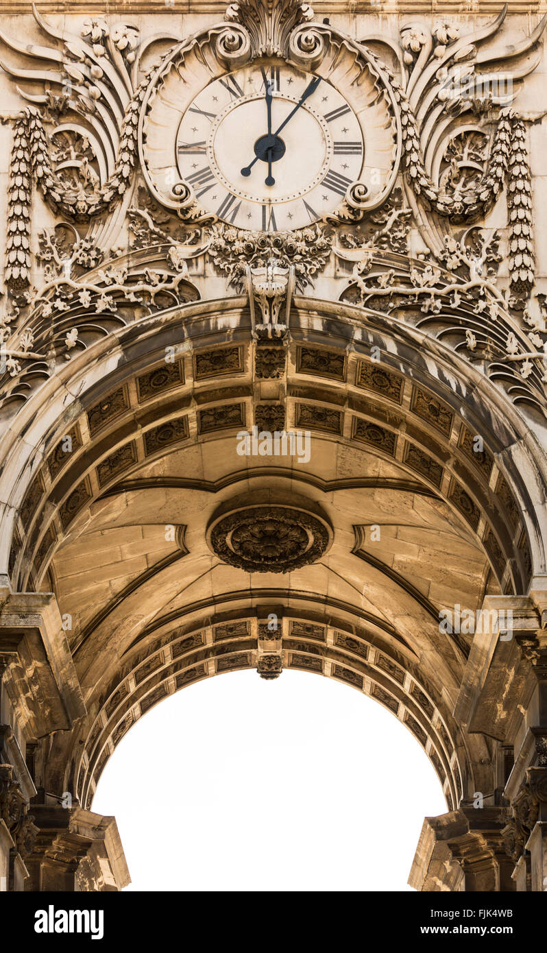 Detail of ornate clock on the famous Rua Augusta arch, Lisbon, Portugal ...