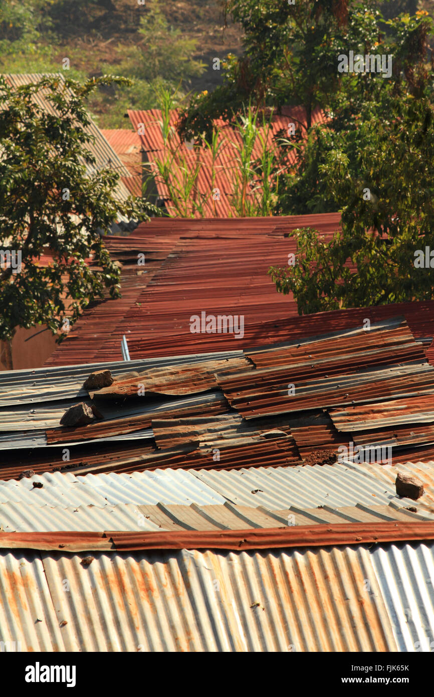 A community of homes covered in rusty tin roofs amongst lush green ...