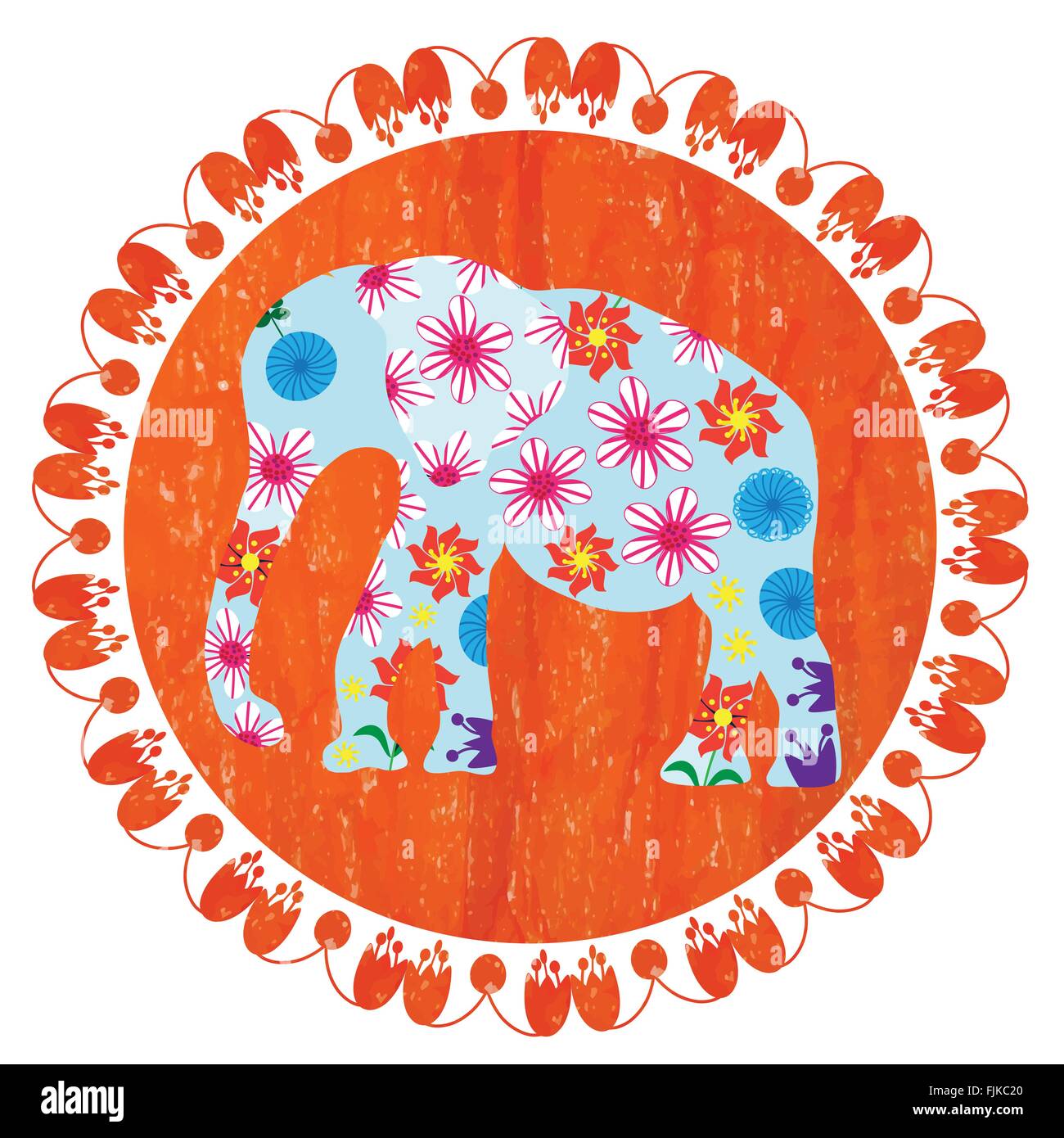 Cartoon bright decorative elephant in grunge orange round background ...