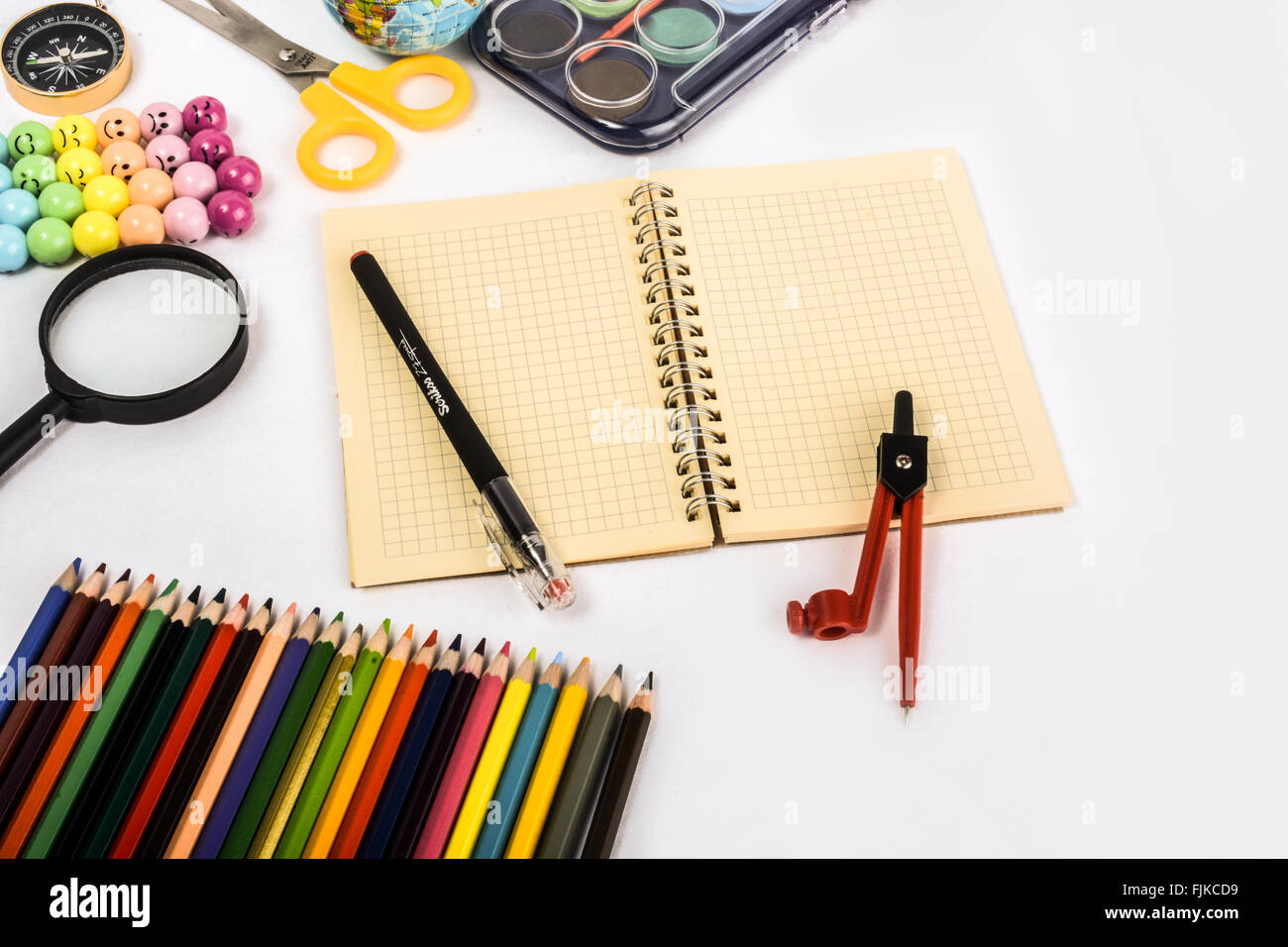 Pen, pencils, notebook and other Office objects Stock Photo - Alamy