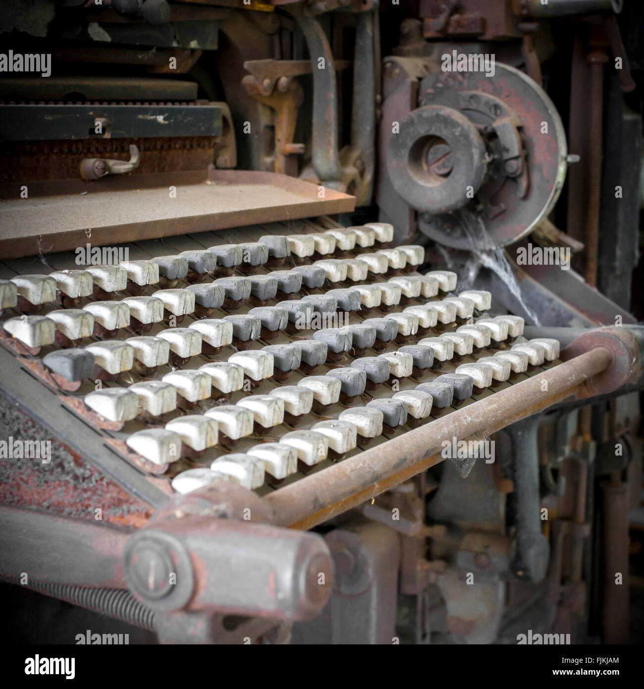 Old industrial machine with vintage keyboard. Extreme close-up and ...