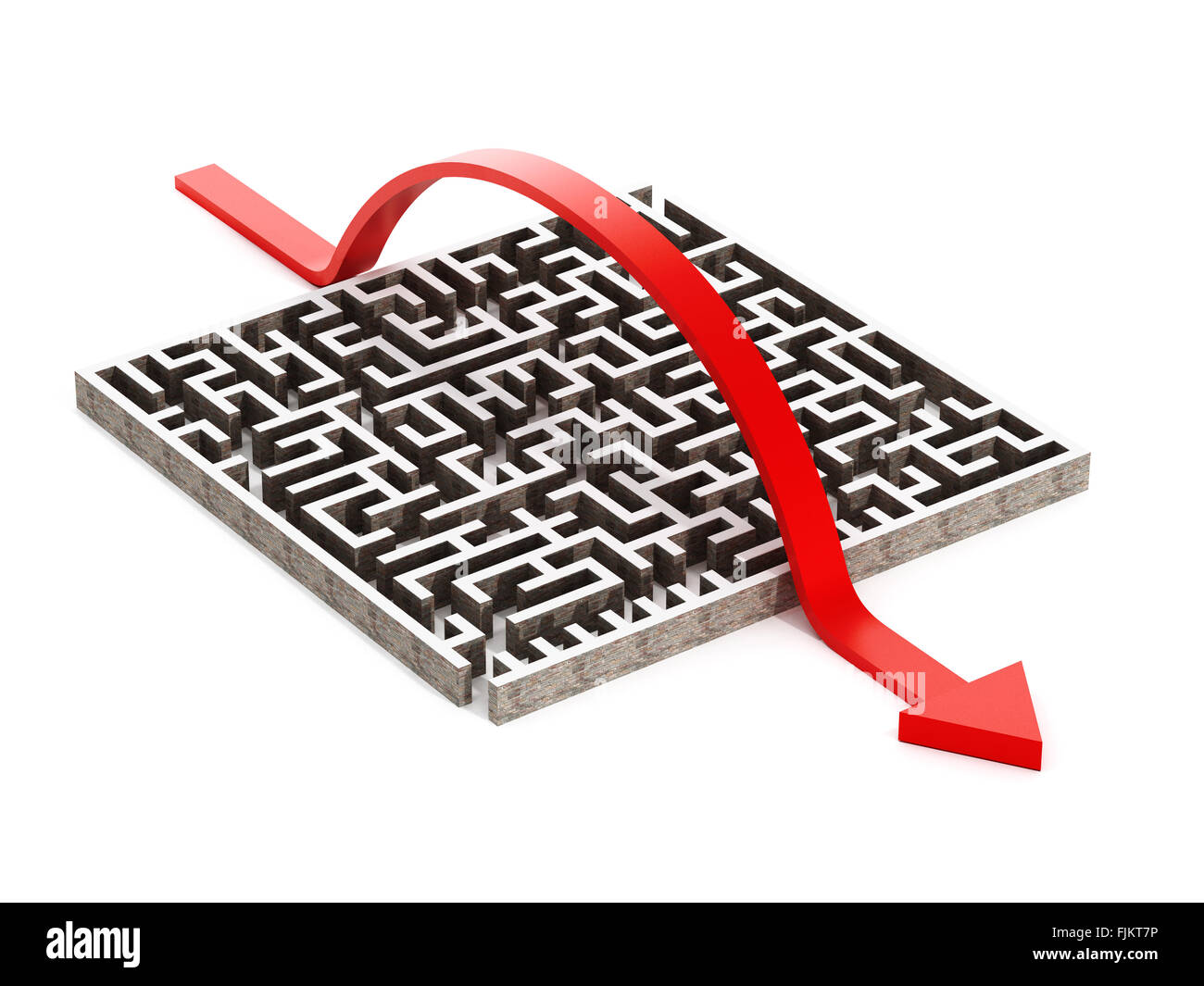 Red arrow crossing over the labyrinth isolated on white background ...