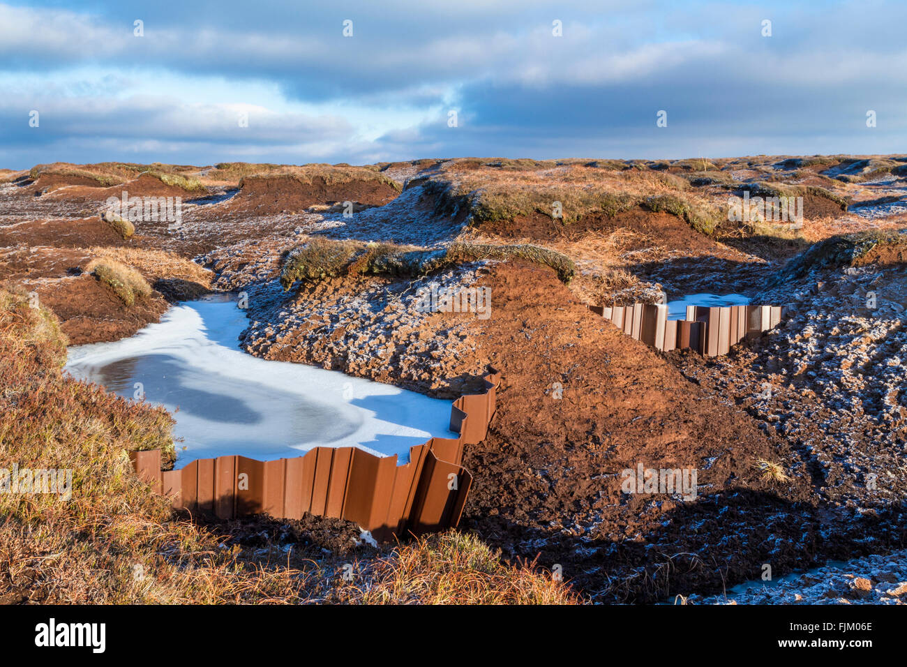 Water held back by a plastic dam due to gully blocking on moorland, now ...