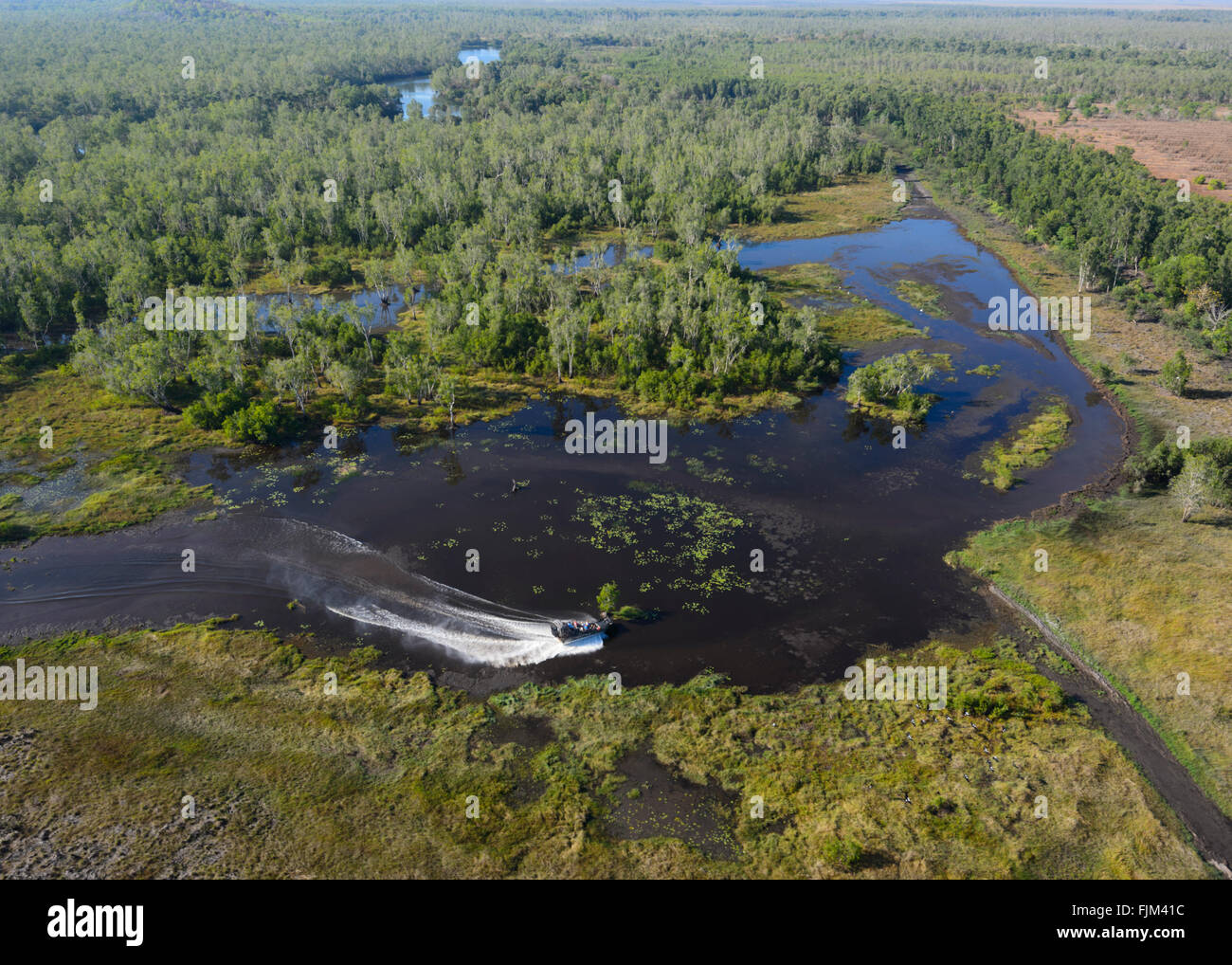 Aerial view of the airboat carrying tourists belonging to Outback ...